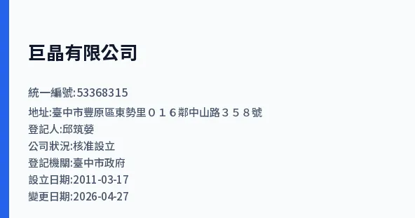 巨晶有限公司的照片-統編 53368315(臺中市) 公司登記資料與營業項目詳細圖表