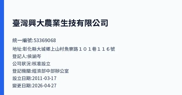 臺灣興大農業生技有限公司的照片-統編 53369068(彰化縣) 公司登記資料與營業項目詳細圖表