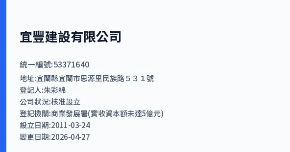 宜豐建設有限公司的照片-統編 53371640(宜蘭縣) 公司登記資料與營業項目詳細圖表