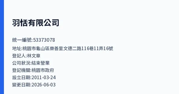 羽恬有限公司的照片-統編 53373078(桃園市) 公司登記資料與營業項目詳細圖表