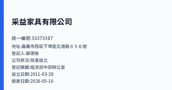 采益家具有限公司的照片-統編 53373387(嘉義市) 公司登記資料與營業項目詳細圖表