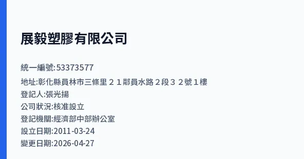 展毅塑膠有限公司的照片-統編 53373577(彰化縣) 公司登記資料與營業項目詳細圖表