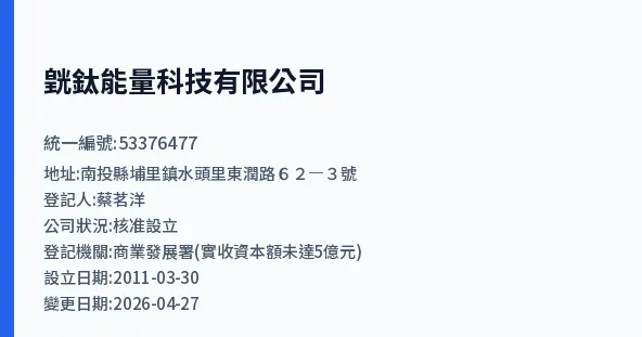 皝鈦能量科技有限公司的照片-統編 53376477(南投縣) 公司登記資料與營業項目詳細圖表