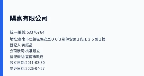陽嘉有限公司的照片-統編 53376764(臺南市) 公司登記資料與營業項目詳細圖表