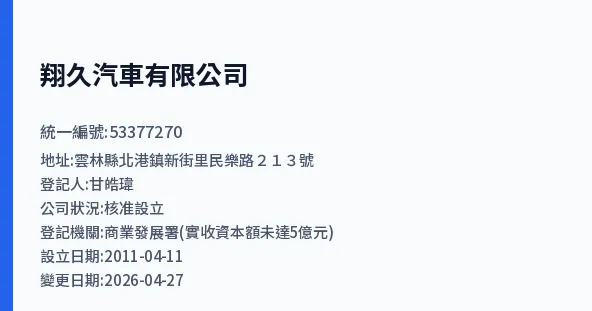 翔久汽車有限公司的照片-統編 53377270(雲林縣) 公司登記資料與營業項目詳細圖表