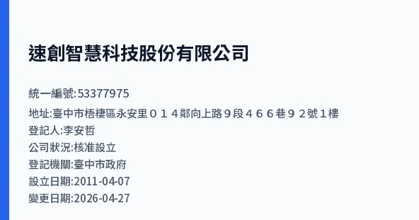 速創智慧科技股份有限公司的照片-統編 53377975(臺中市) 公司登記資料與營業項目詳細圖表