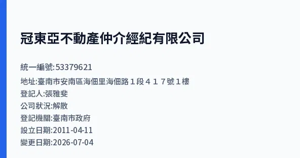 冠東亞不動產仲介經紀有限公司的照片-統編 53379621(臺南市) 公司登記資料與營業項目詳細圖表