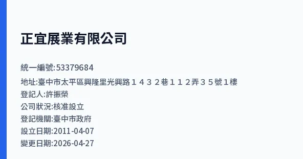 正宜展業有限公司的照片-統編 53379684(臺中市) 公司登記資料與營業項目詳細圖表