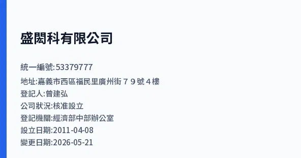 盛閎科有限公司的照片-統編 53379777(嘉義市) 公司登記資料與營業項目詳細圖表