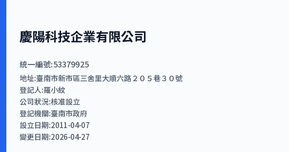 慶陽科技企業有限公司的照片-統編 53379925(臺南市) 公司登記資料與營業項目詳細圖表