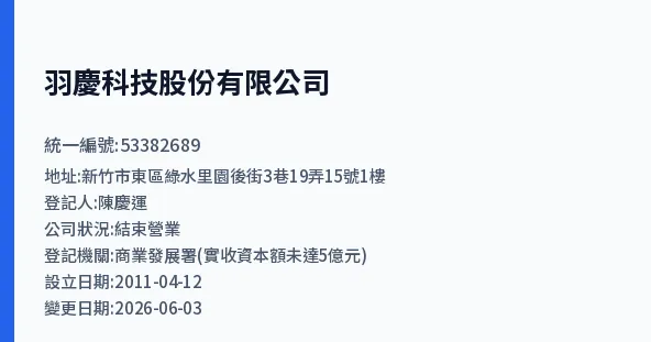羽慶科技股份有限公司的照片-統編 53382689(新竹市) 公司登記資料與營業項目詳細圖表