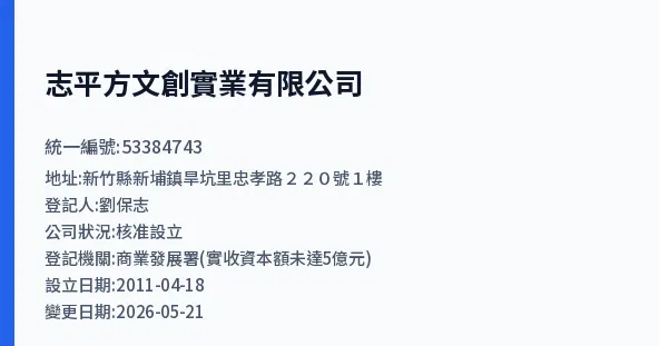 志平方文創實業有限公司的照片-統編 53384743(新竹縣) 公司登記資料與營業項目詳細圖表