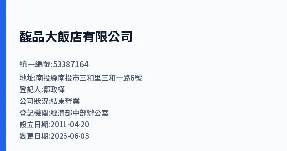 馥品大飯店有限公司的照片-統編 53387164(南投縣) 公司登記資料與營業項目詳細圖表