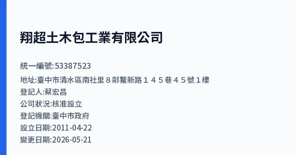 翔超土木包工業有限公司的照片-統編 53387523(臺中市) 公司登記資料與營業項目詳細圖表