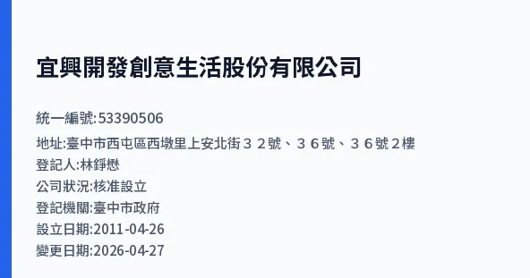 宜興開發創意生活股份有限公司的照片-統編 53390506(臺中市) 公司登記資料與營業項目詳細圖表