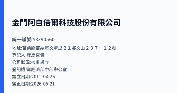 金門阿自倍爾科技股份有限公司的照片-統編 53390560(苗栗縣) 公司登記資料與營業項目詳細圖表