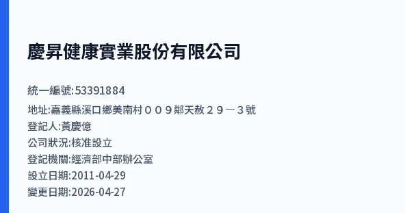 慶昇健康實業股份有限公司的照片-統編 53391884(嘉義縣) 公司登記資料與營業項目詳細圖表
