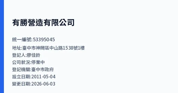 有勝營造有限公司的照片-統編 53395045(臺中市) 公司登記資料與營業項目詳細圖表