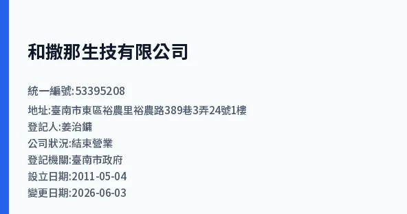 和撒那生技有限公司的照片-統編 53395208(臺南市) 公司登記資料與營業項目詳細圖表