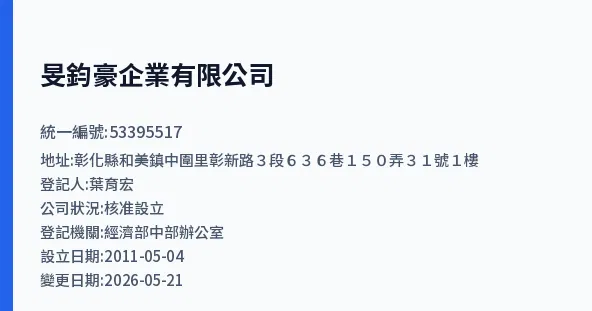 旻鈞豪企業有限公司的照片-統編 53395517(彰化縣) 公司登記資料與營業項目詳細圖表