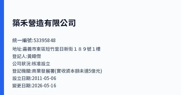築禾營造有限公司的照片-統編 53395848(嘉義市) 公司登記資料與營業項目詳細圖表