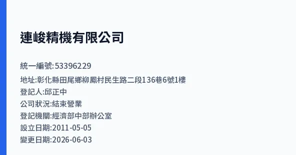 連峻精機有限公司的照片-統編 53396229(彰化縣) 公司登記資料與營業項目詳細圖表