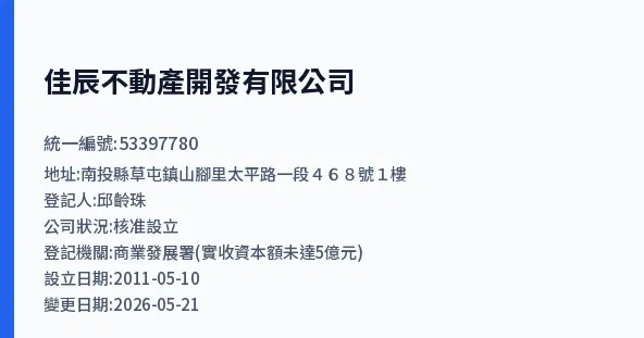 佳辰不動產開發有限公司的照片-統編 53397780(南投縣) 公司登記資料與營業項目詳細圖表