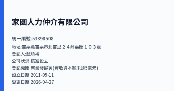家圓人力仲介有限公司的照片-統編 53398508(苗栗縣) 公司登記資料與營業項目詳細圖表