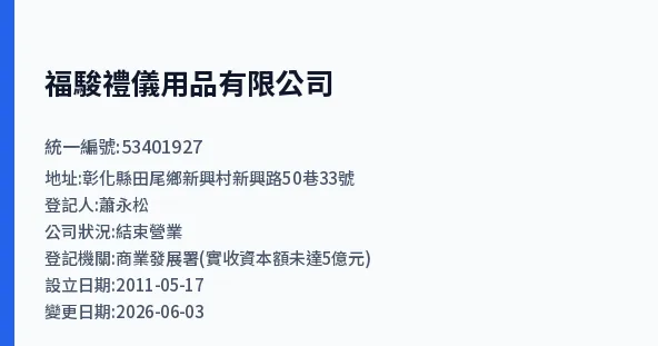 福駿禮儀用品有限公司的照片-統編 53401927(彰化縣) 公司登記資料與營業項目詳細圖表