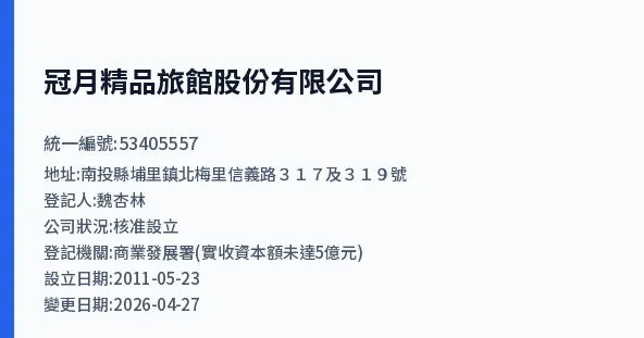 冠月精品旅館股份有限公司的照片-統編 53405557(南投縣) 公司登記資料與營業項目詳細圖表