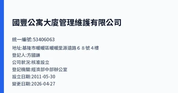 國豐公寓大廈管理維護有限公司的照片-統編 53406063(基隆市) 公司登記資料與營業項目詳細圖表