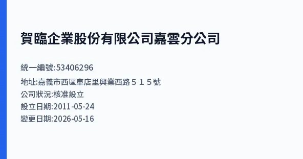 賀臨企業股份有限公司嘉雲分公司的照片-統編 53406296(嘉義市) 公司登記資料與營業項目詳細圖表