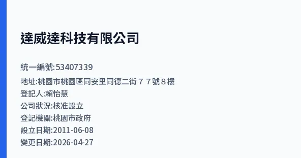 達威達科技有限公司的照片-統編 53407339(桃園市) 公司登記資料與營業項目詳細圖表
