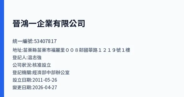 晉鴻一企業有限公司的照片-統編 53407817(苗栗縣) 公司登記資料與營業項目詳細圖表