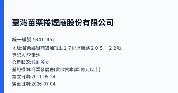 臺灣苗栗捲煙廠股份有限公司的照片-統編 53411452(苗栗縣) 公司登記資料與營業項目詳細圖表