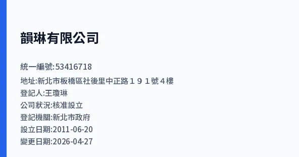 韻琳有限公司的照片-統編 53416718(新北市) 公司登記資料與營業項目詳細圖表