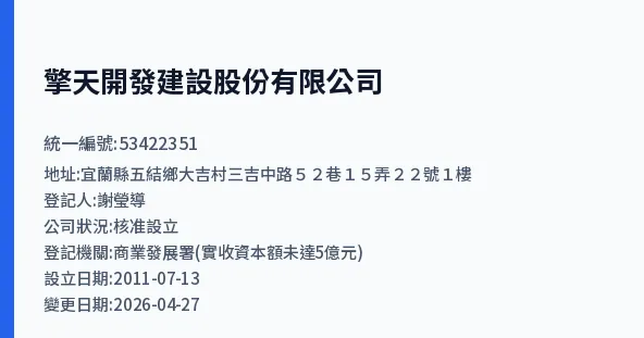 擎天開發建設股份有限公司的照片-統編 53422351(宜蘭縣) 公司登記資料與營業項目詳細圖表