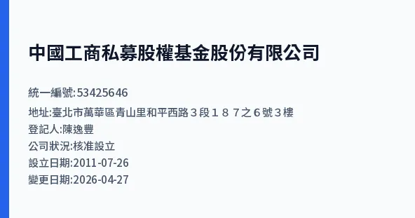 中國工商私募股權基金股份有限公司的照片-統編 53425646(臺北市) 公司登記資料與營業項目詳細圖表
