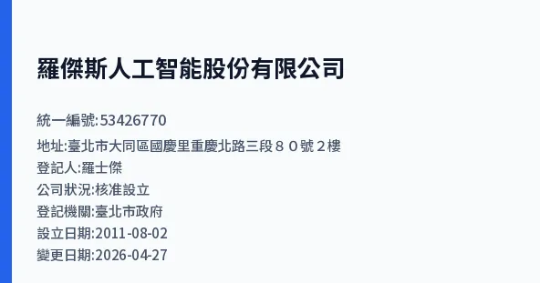 羅傑斯人工智能股份有限公司的照片-統編 53426770(臺北市) 公司登記資料與營業項目詳細圖表
