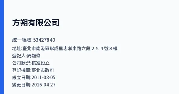 方朔有限公司的照片-統編 53427840(臺北市) 公司登記資料與營業項目詳細圖表