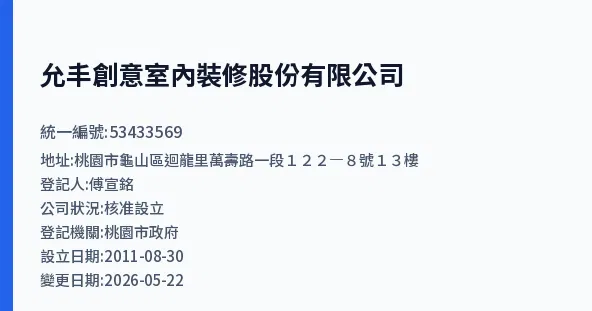 允丰創意室內裝修股份有限公司的照片-統編 53433569(桃園市) 公司登記資料與營業項目詳細圖表