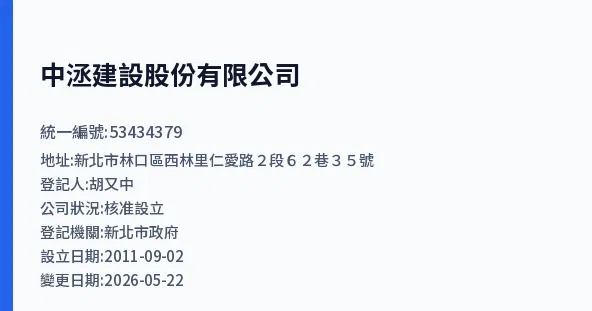 中洆建設股份有限公司的照片-統編 53434379(新北市) 公司登記資料與營業項目詳細圖表