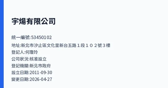宇煬有限公司的照片-統編 53450102(新北市) 公司登記資料與營業項目詳細圖表
