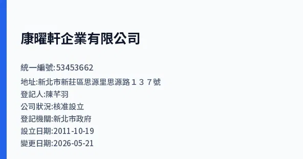 康曜軒企業有限公司的照片-統編 53453662(新北市) 公司登記資料與營業項目詳細圖表