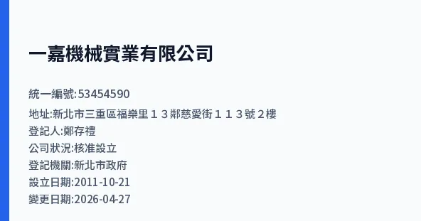一嘉機械實業有限公司的照片-統編 53454590(新北市) 公司登記資料與營業項目詳細圖表