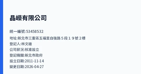 晶嶸有限公司的照片-統編 53458532(新北市) 公司登記資料與營業項目詳細圖表
