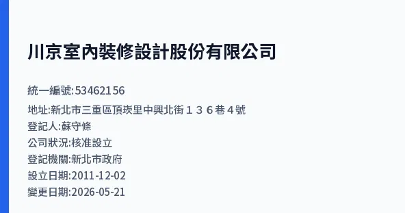 川京室內裝修設計股份有限公司的照片-統編 53462156(新北市) 公司登記資料與營業項目詳細圖表