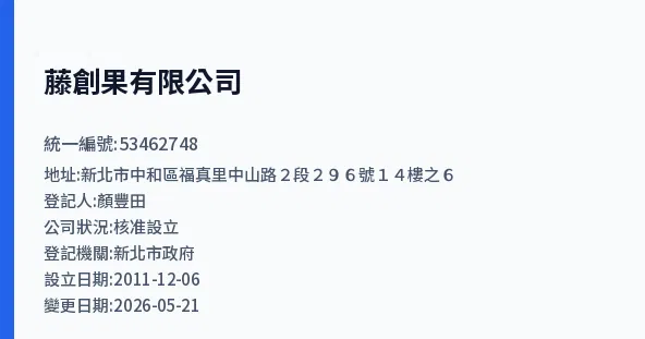 藤創果有限公司的照片-統編 53462748(新北市) 公司登記資料與營業項目詳細圖表