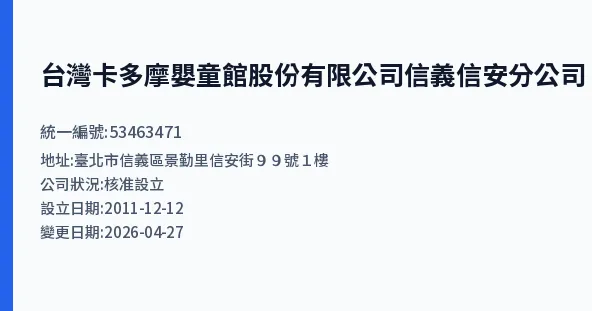 台灣卡多摩嬰童館股份有限公司信義信安分公司的照片-統編 53463471(臺北市) 公司登記資料與營業項目詳細圖表