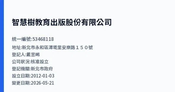 智慧樹教育出版股份有限公司的照片-統編 53468118(新北市) 公司登記資料與營業項目詳細圖表